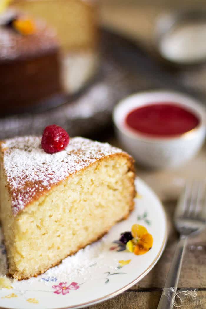 French Lemon Yogurt Cake with Raspberry Sauce | All that's Jas