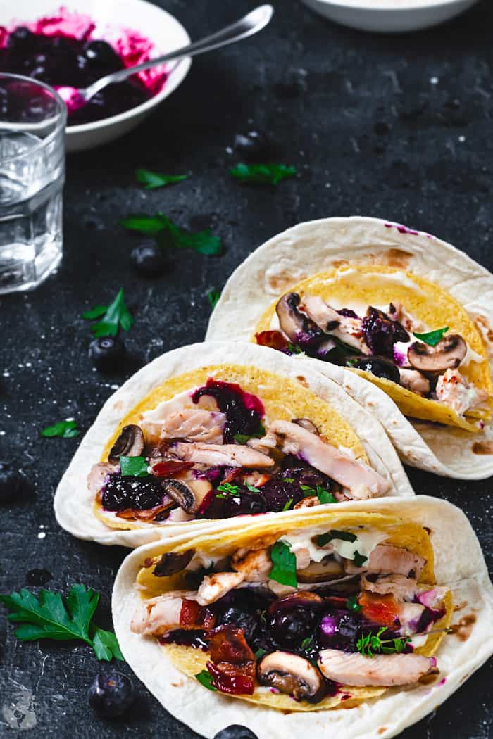 Two-Layer Leftover Turkey Tacos with Savory Blueberry Sauce